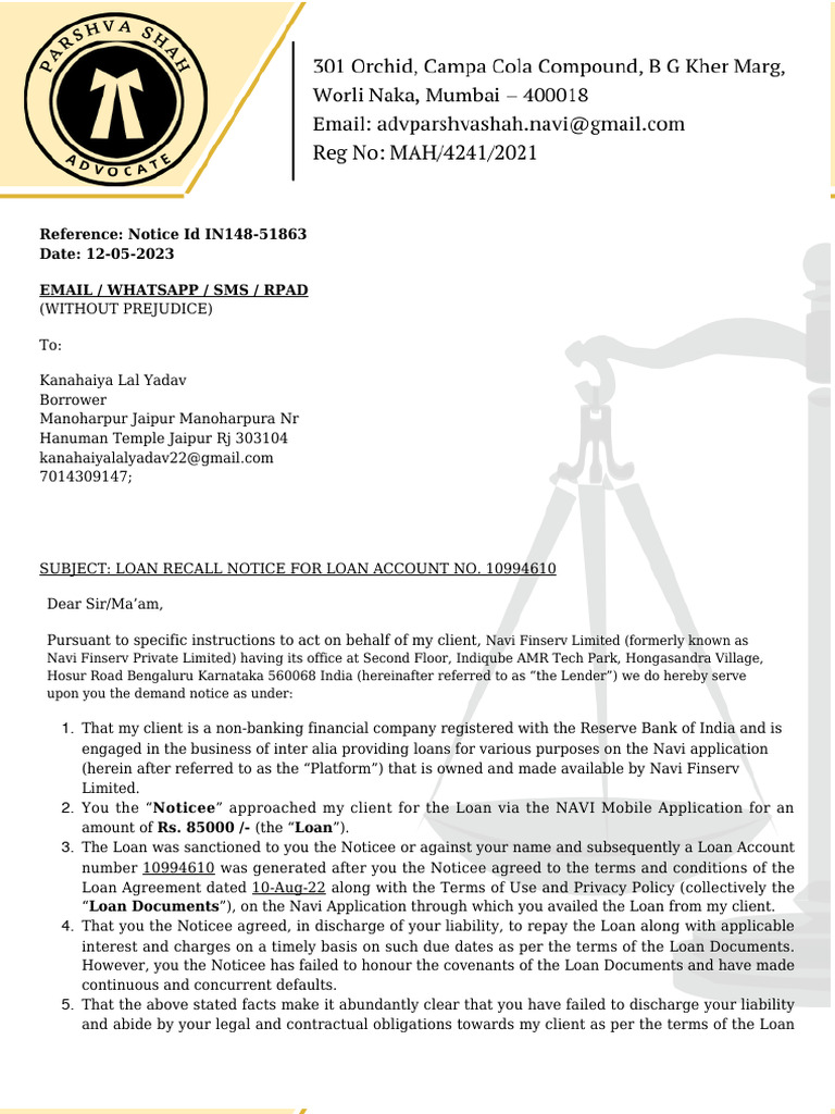 Loan Recall Notice for Account 10994610 | PDF | Loans | Private Law
