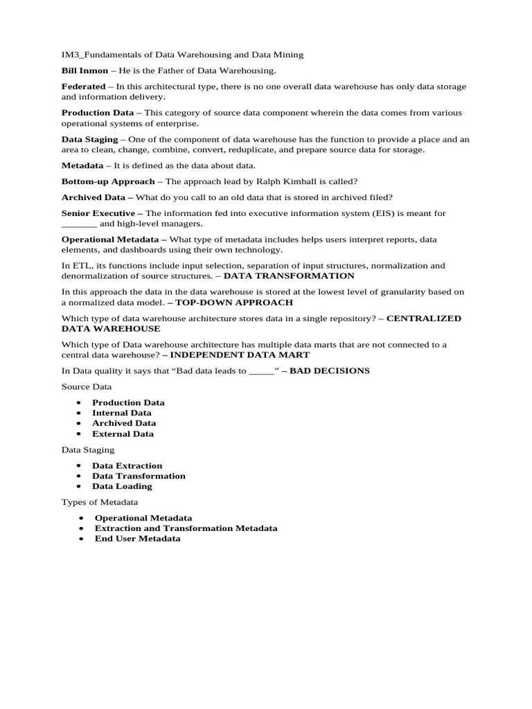 IM3 - Fundamentals of Data Warehousing and Data Mining Reviewer | PDF | Data Warehouse ...