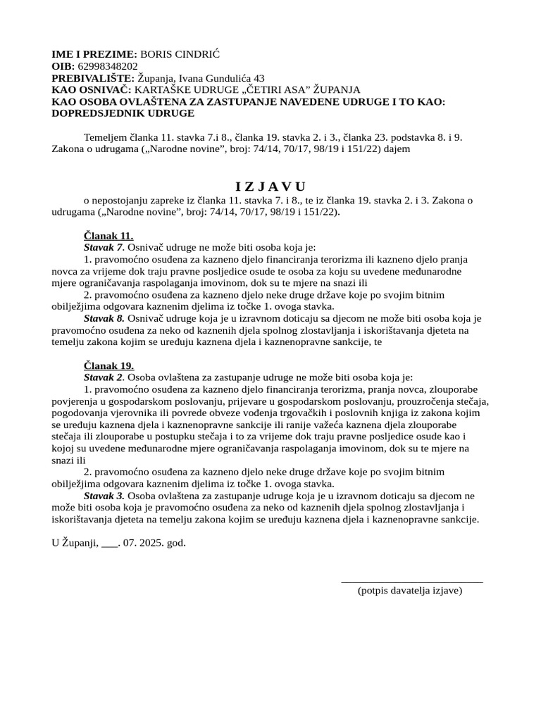 Izjava Za Osnivača Osobu Ovlaštenu Za Zastupanje Udruge Boris Cindrić | PDF