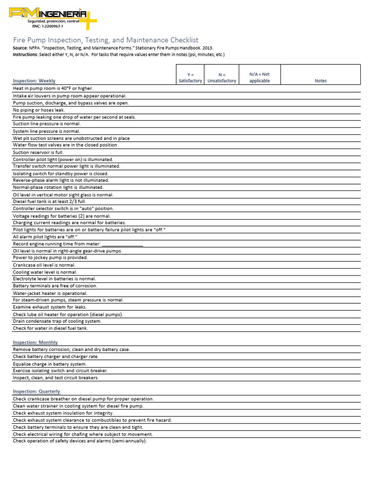 Fire Pump Inspection & Maintenance Checklist | PDF | Pump | Valve