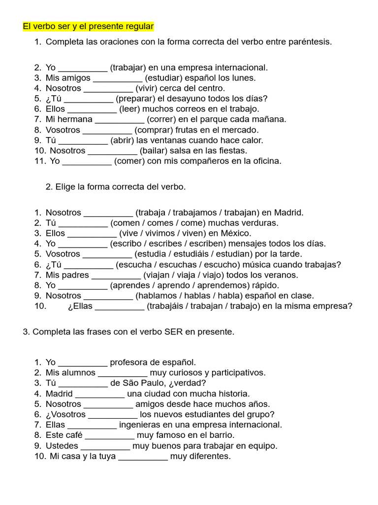 Ejercicios de verbo ser y presente | PDF