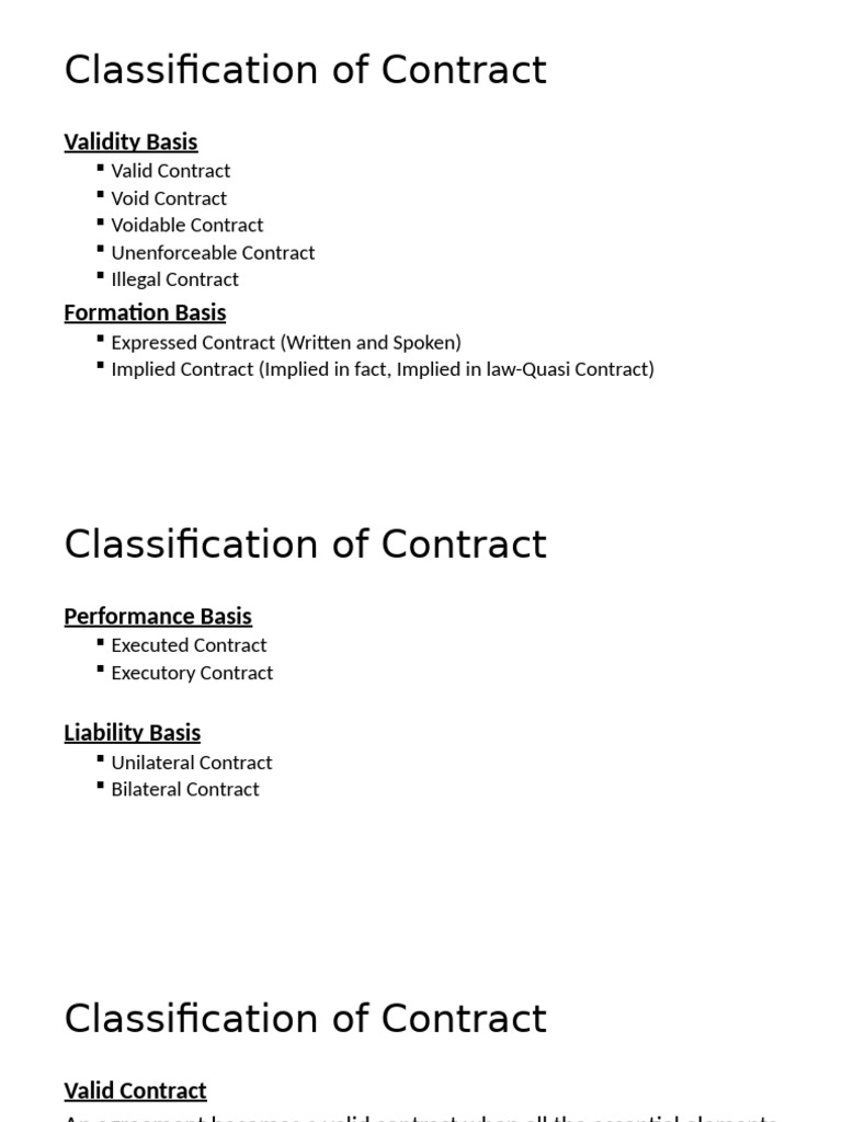 Types and Classifications of Contracts | PDF | Void (Law) | Private Law