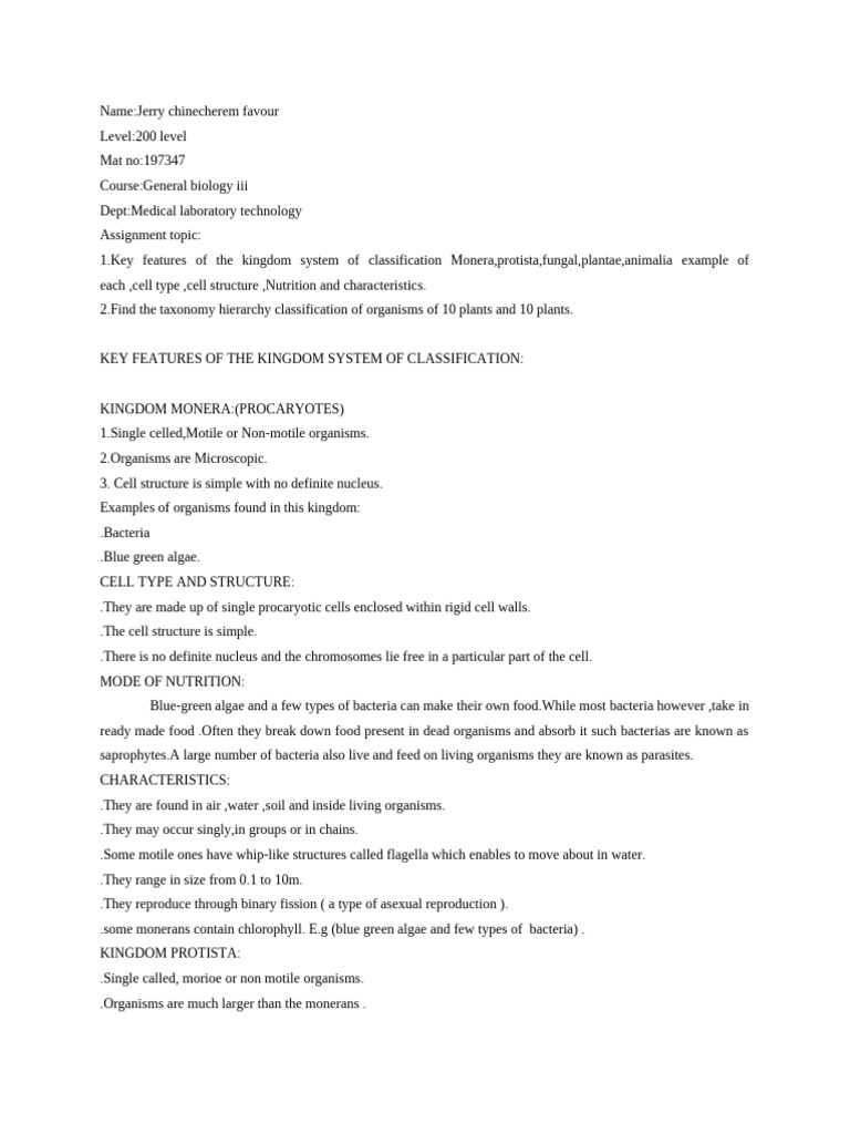 Key features of the kingdom system of classification Monera,protista ...