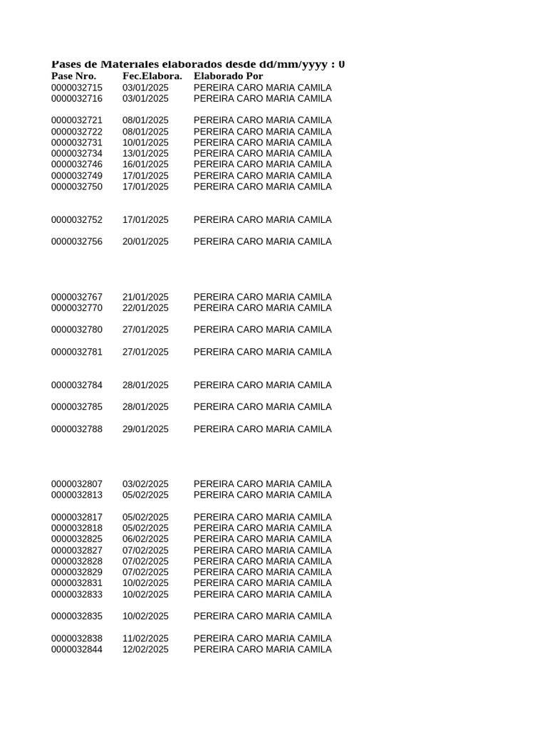 Pases de Materiales Elaborados Desde Dd/mm/yyyy: 01/01/2025 A 05/11 ...