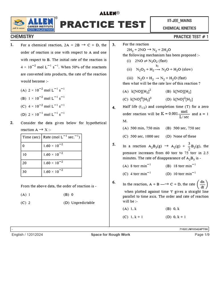 Chemical Kinetics Questions | PDF | Chemical Kinetics | Reaction Rate ...
