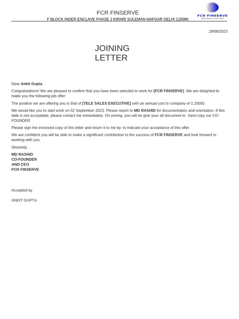 Job Offer Letter for Tele Sales Executive | PDF | Salary | Employment