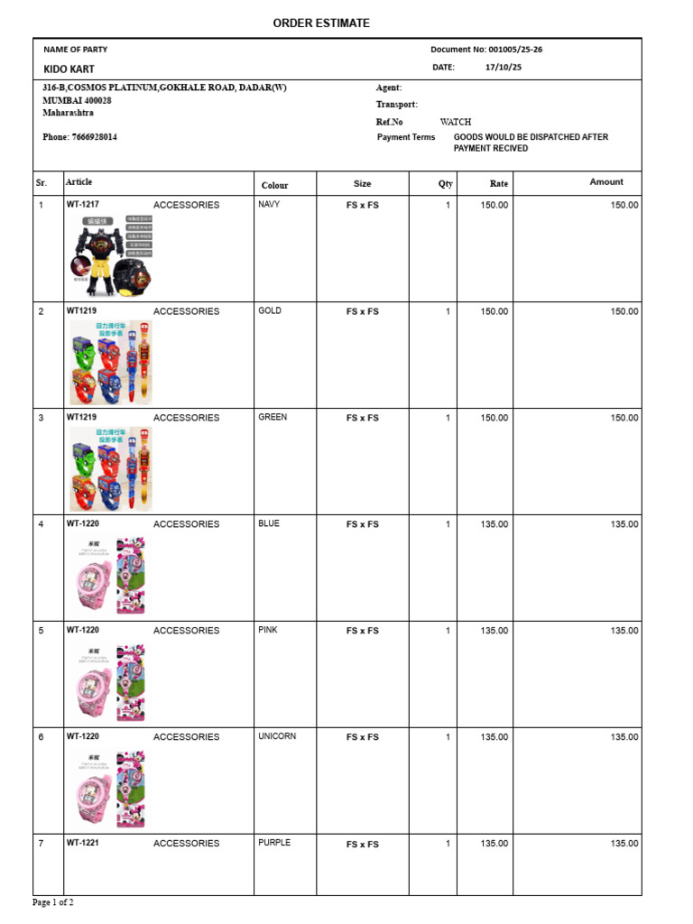 Kido Kart Order Form - 001005 | PDF