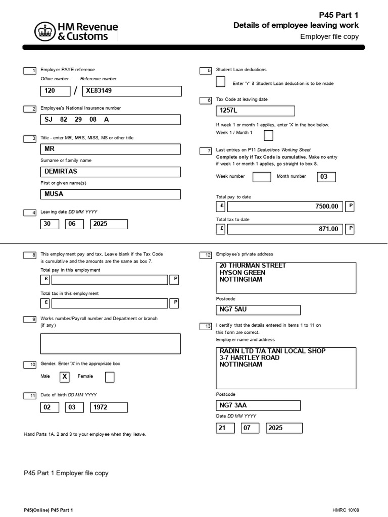 Radin LTD T-A TANI LOCAL SHOP - Employee Leaving Statement (P45) For ...