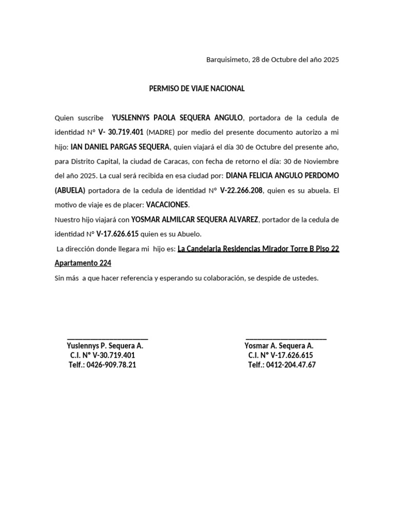 Permiso de Viaje para Ian Daniel Pargas Sequera | PDF