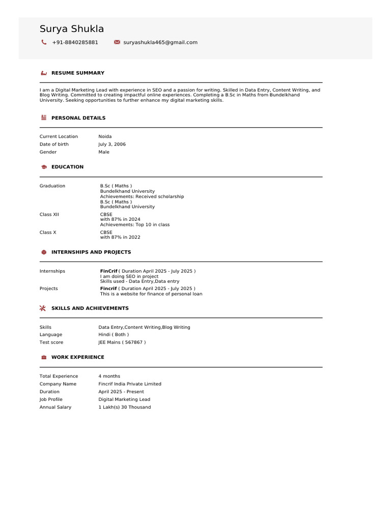 Surya Shukla: Resume Summary | PDF