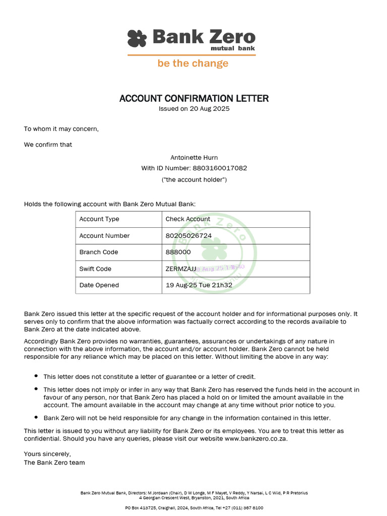 Account Confirmation Letter - Bank Zero | PDF | Private Law | Business Law