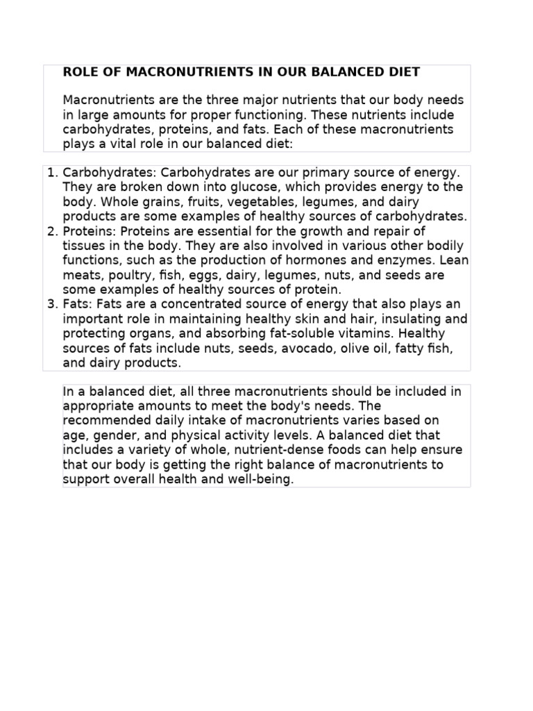 Role of Macronutrients in Our Balanced Diet | PDF