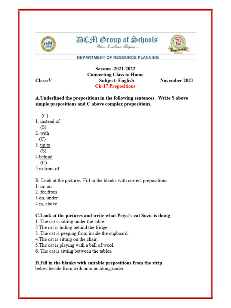Resource 20211128172722 English V Ch-17 Prepositions Answer Key November 2021 | PDF