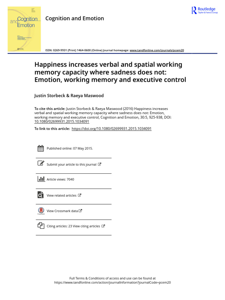 Happiness Increases Verbal and Spatial Working Memory Capacity Where ...