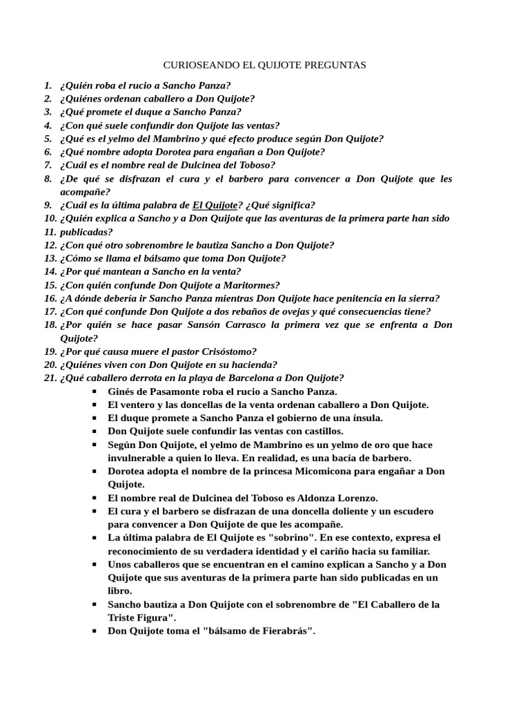 Curioseando El Quijote Preguntas Pasar A Limpio | PDF | Don Quijote ...