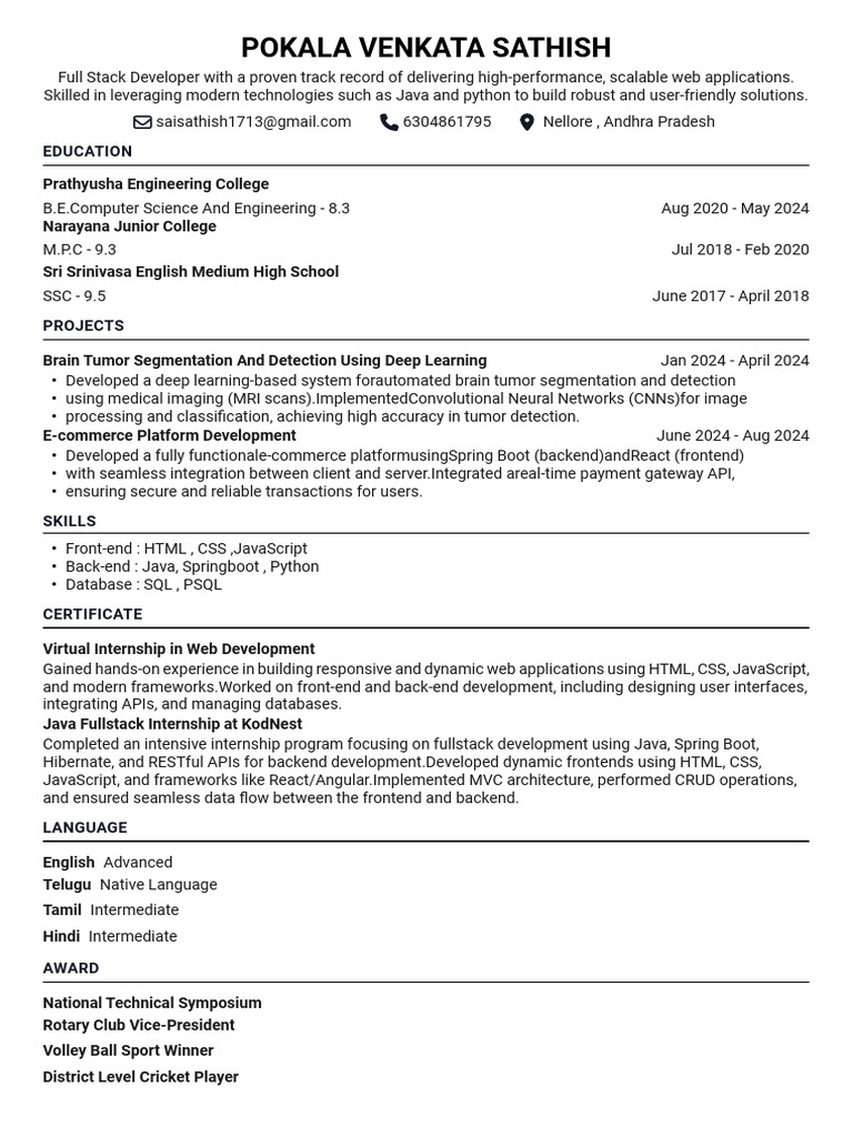 Pokala Venkata Sathish - Resume | PDF | Web Development | Software ...