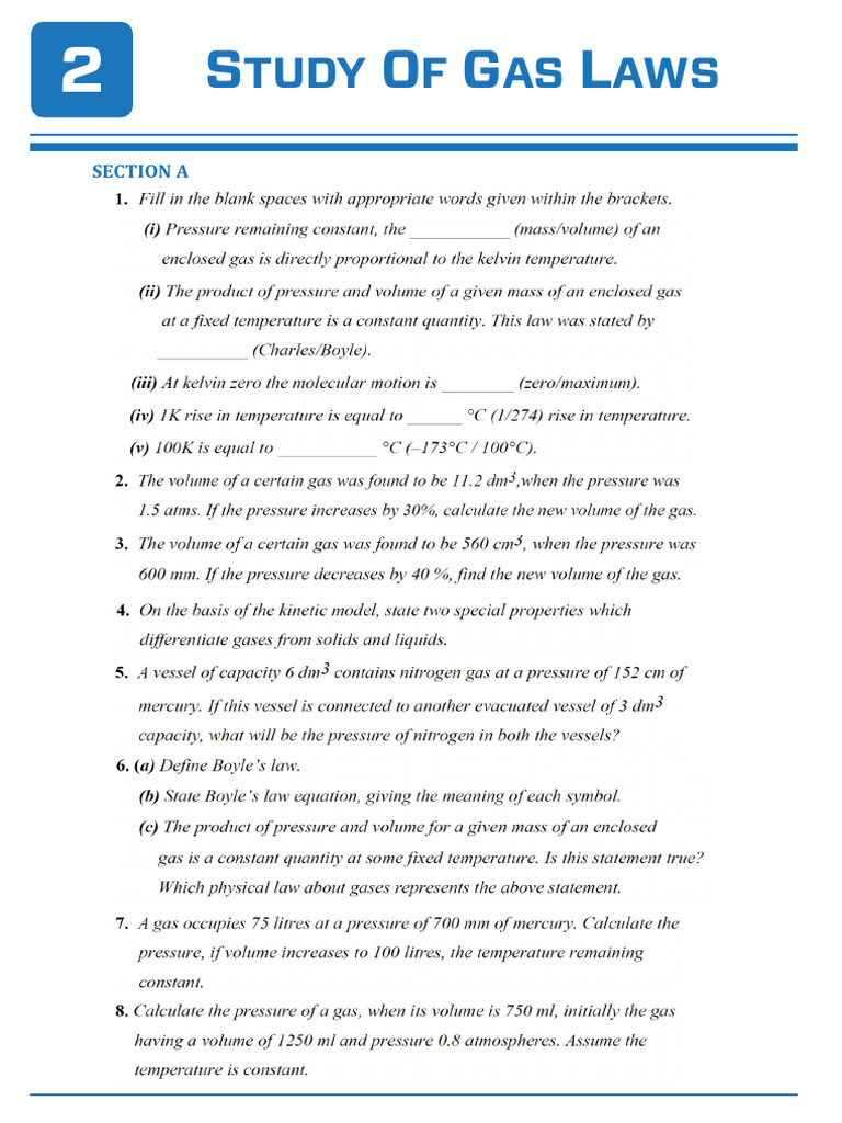 Gas Laws Assignment-Class 9 | PDF
