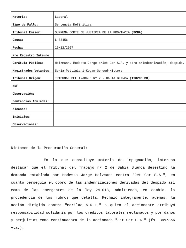 SCBA Holzmann, Modesto Jorge C Jet Car S.A. y Otro S Indemnización ...