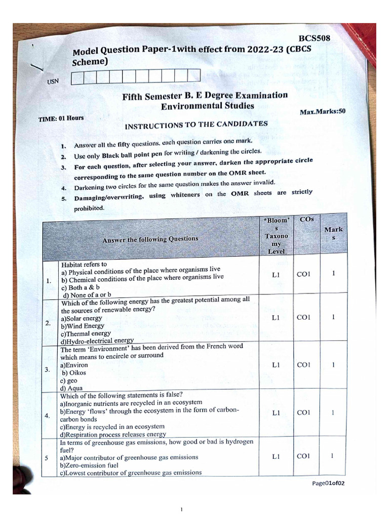Model Paper 1 EVS | PDF