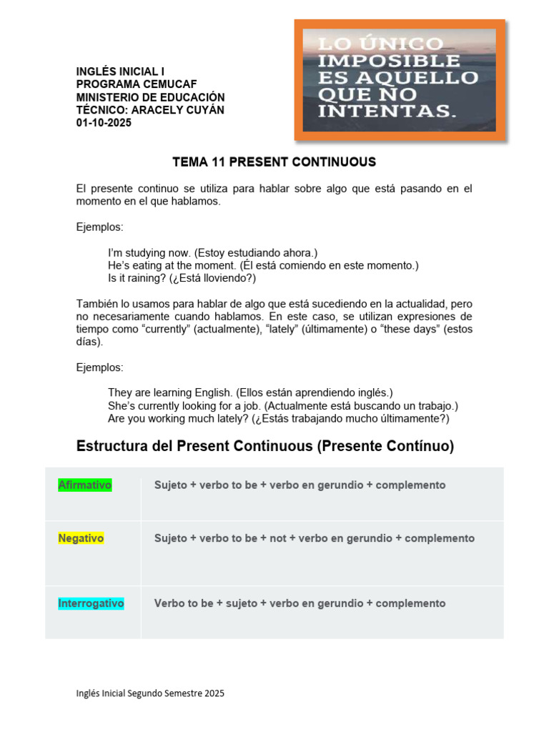 Tema 11 Present Continuous 01-10-2025 | PDF | Verbo | Morfología Lingüística