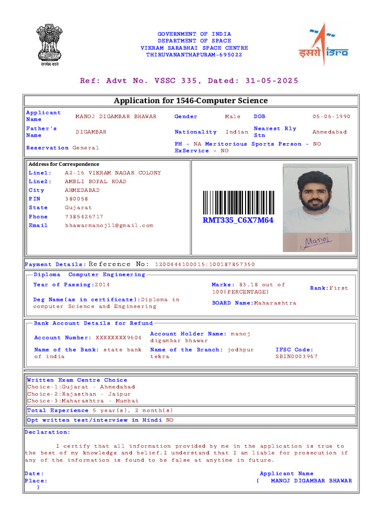 VSSC 2025 Application: Manoj Bhawar | PDF