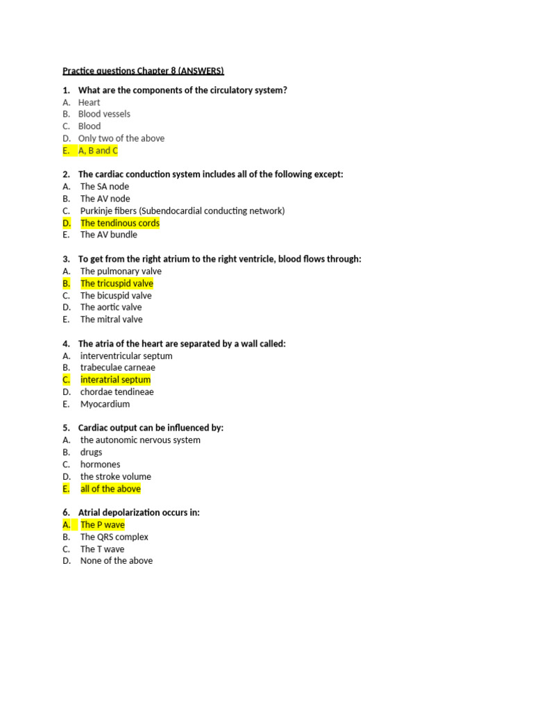 Practice Questions Chapter 8 (ANSWERS) | PDF | Heart Valve | Heart
