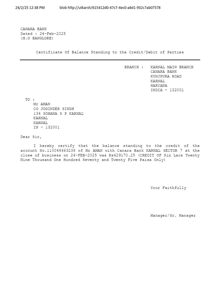 Canara Bank Balance Certificate - Feb 2025 | PDF