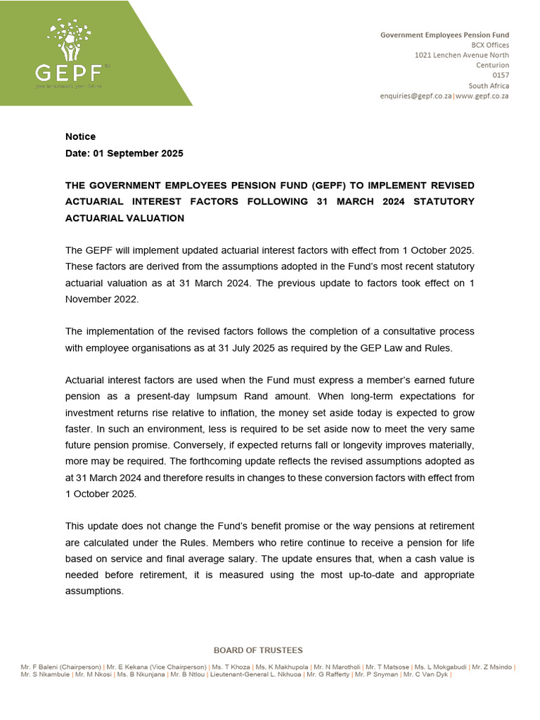 Notice GEPF Actuarial Factors Update 01 Sep 2025 PDF | PDF | Pension | Actuarial Science