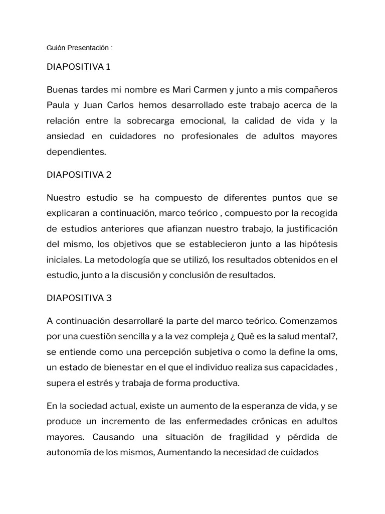 GUIÓN presentación TFM del síndrome del cuidaroe | PDF | Adultos | Ansiedad