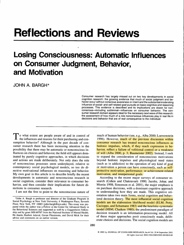 000 BARGH JCR 2002 Loosing Consciousness Automatic Influences on Consumer Judgment Behaviour and ...