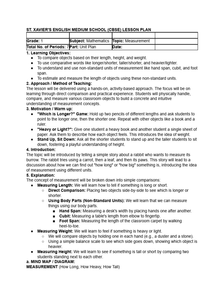 Grade 1 Math Lesson Plan: Measurement | PDF | Weight | Measurement
