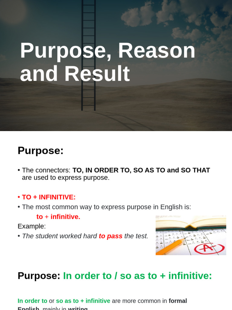 Purpose, Reason and Result 1 | PDF | Verb | Sentence (Linguistics)