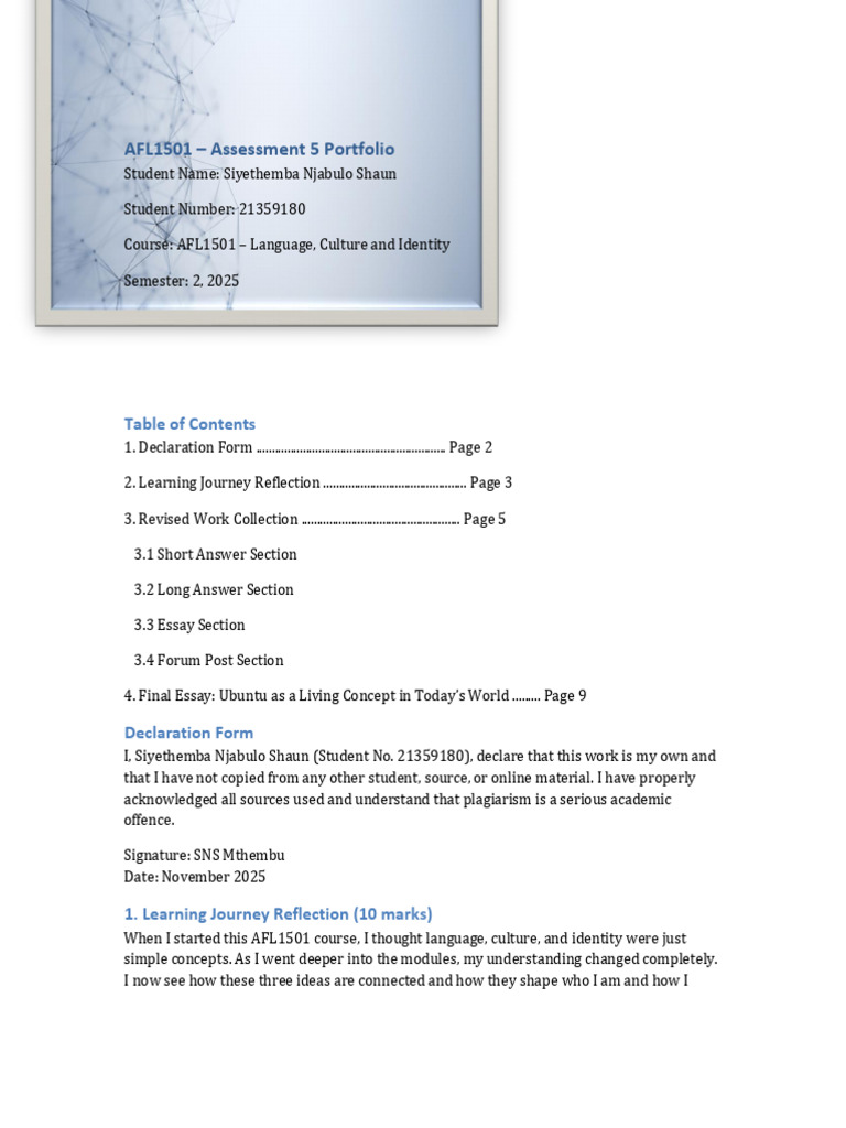 AFL1501 Assessment Portfolio | PDF | Liberal Arts Education | Social ...