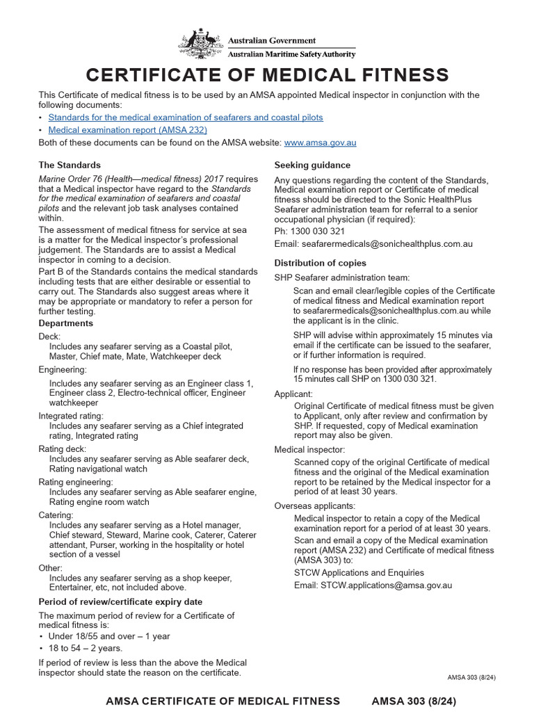 AMSA 303 Medical Fitness Certificate | PDF | Sailor