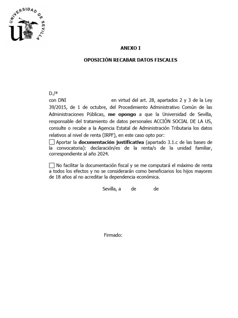 Anexo I. Oposicion Recabar Datos Fiscales AYUDAS ESPECIAL NECESIDAD | PDF