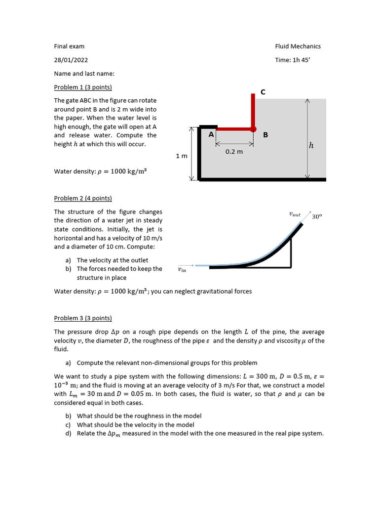 Fluid Mechanics Final Exam Problems Pdf