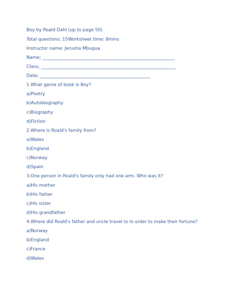 Boy by Roald Dahl: Worksheet Questions | PDF