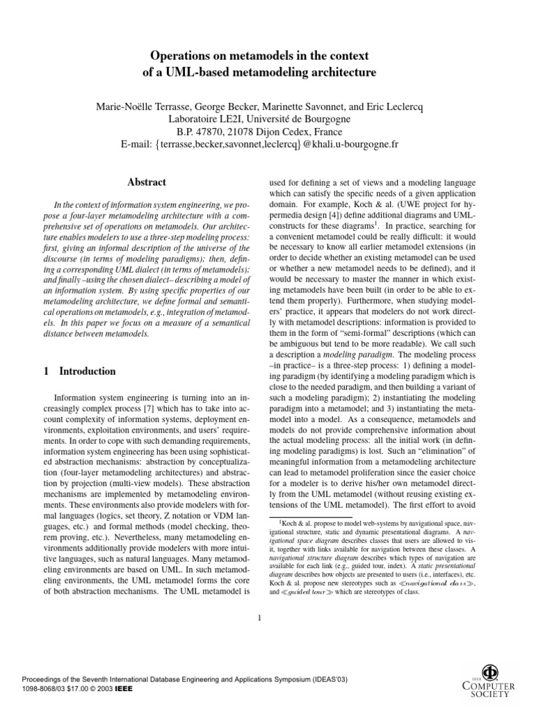 Operations On Metamodels in The Context of A UML-based Metamodeling Architecture | PDF | Unified ...