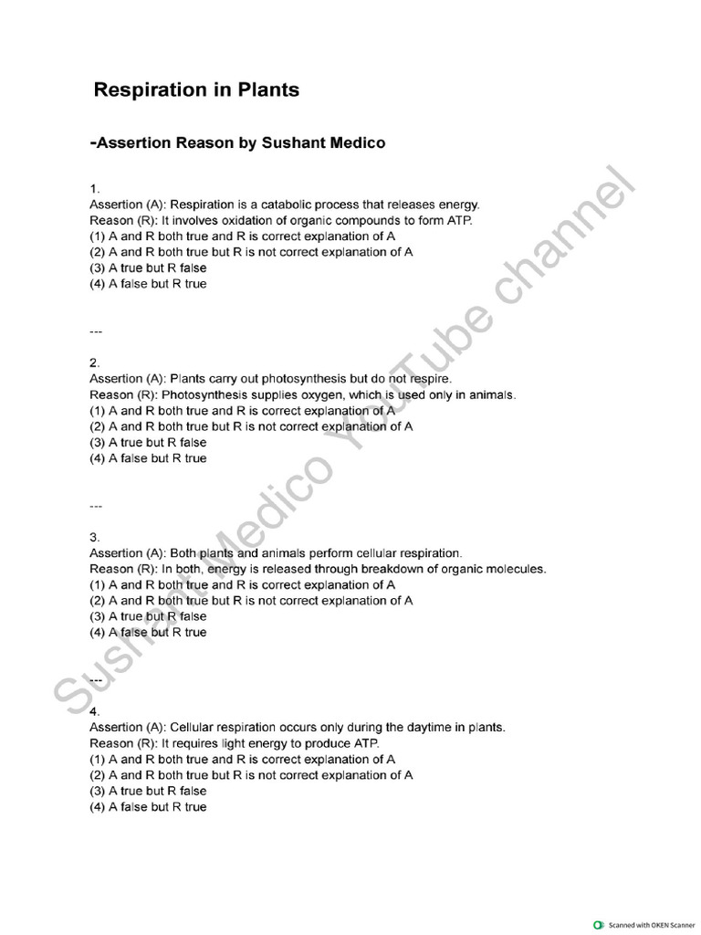 Respiration in Plants Assertion Reason | PDF