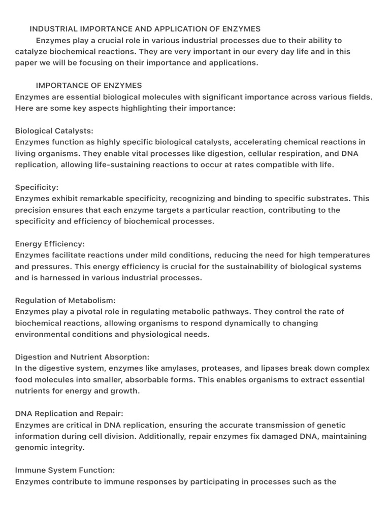 Industrial Importance and Application of Enzymes | PDF | Enzyme | Biology
