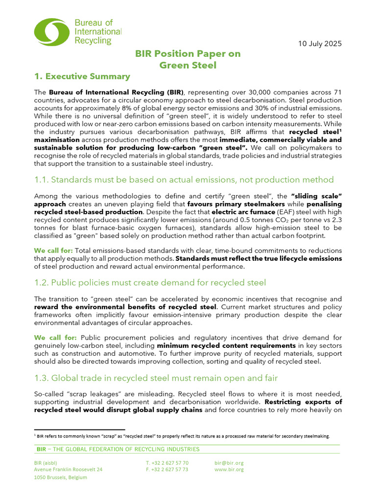 BIR's Green Steel Position Paper | PDF | Steelmaking | Climate Change ...