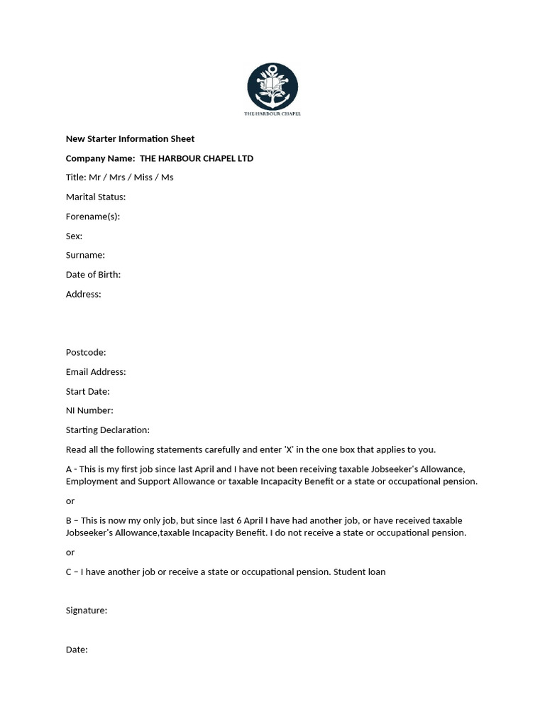 New Starter Information Sheet Alex Laval 2 | PDF