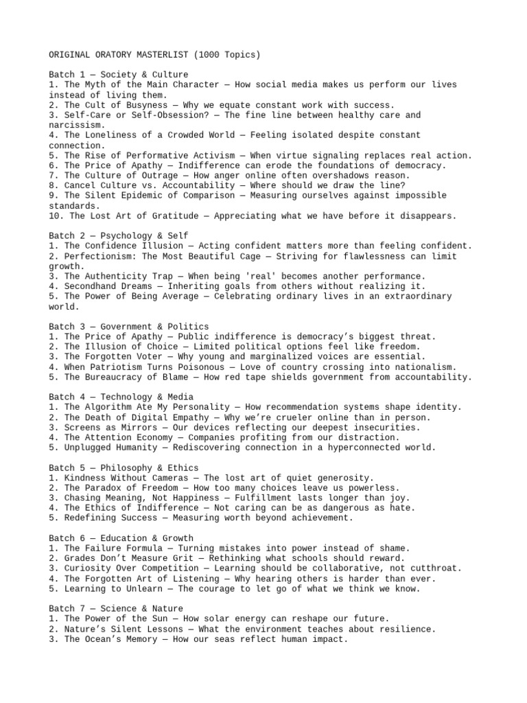 1000 Original Oratory Topics List | PDF | Psychology