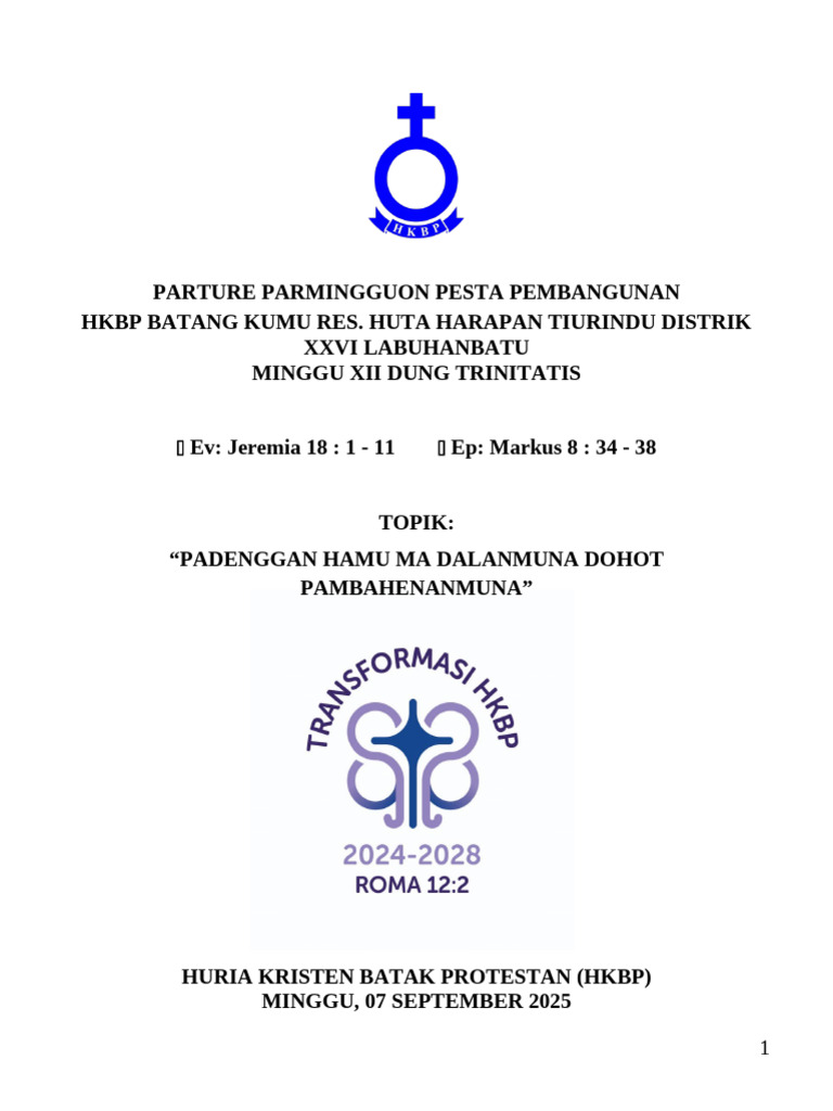 Parturena Parmingguon Di Minggu XII Dung Trinitatis, 07 September 2025 ...