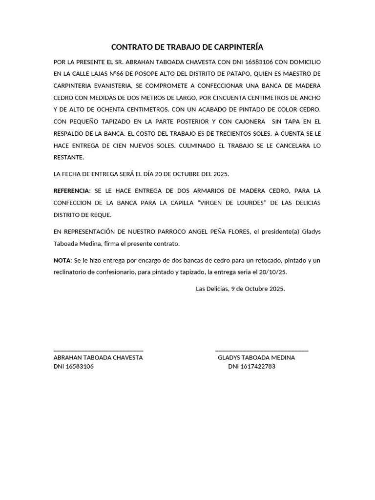 Contrato de Trabajo de Carpintería | PDF