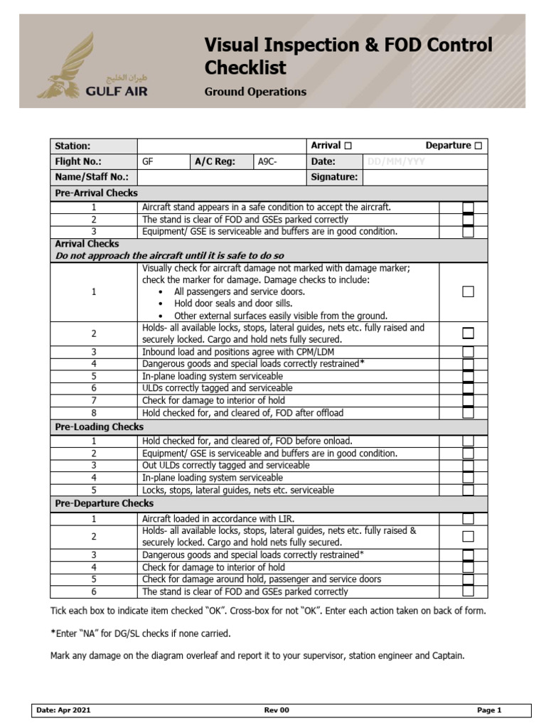 01. Visual Inspection and FOD Control Checklist Rev 00 | PDF | Airlines | Airliner