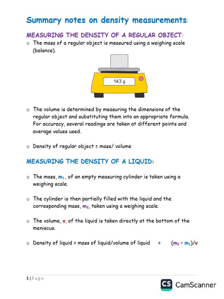 Y9 Density Meaurements_summary Notes(1) | PDF