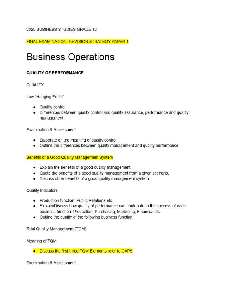 Grade 12 Business Studies Revision Guide | PDF | Strategic Management ...