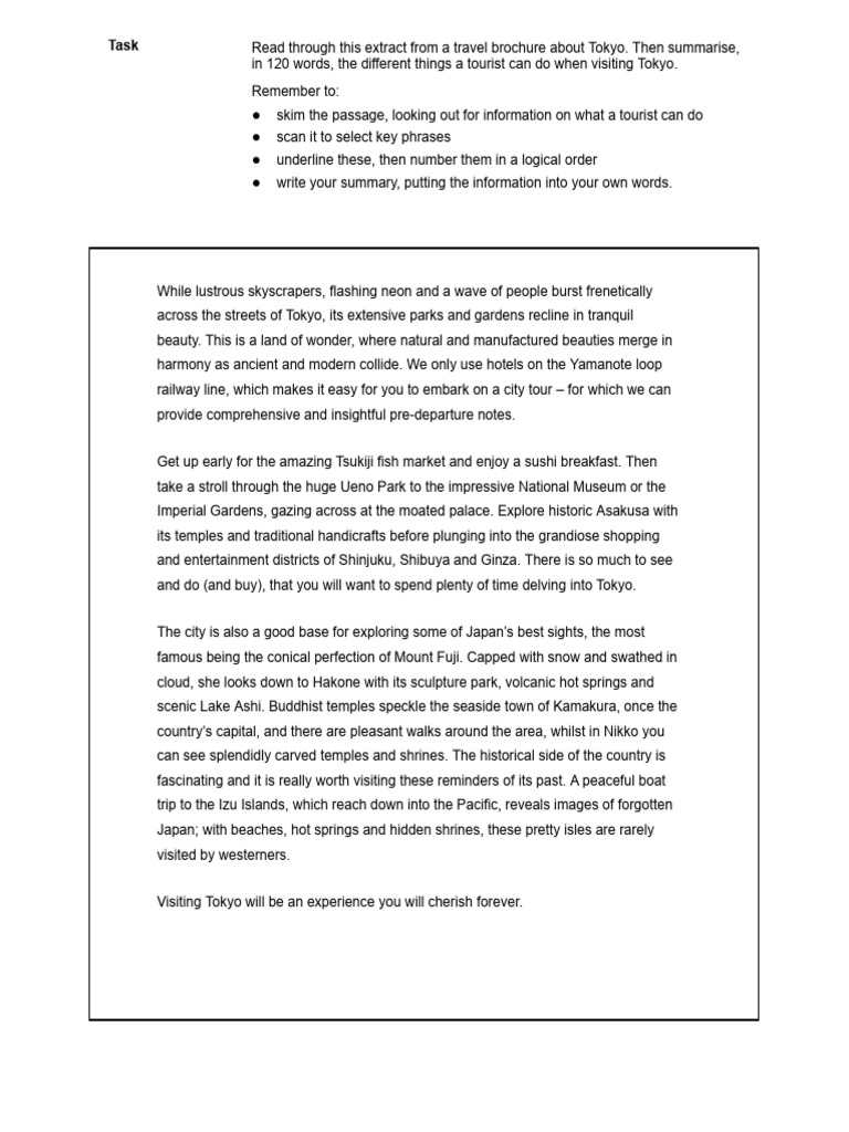 Worksheet 1 - Summary Writing Task + Sample Responses | PDF | Tokyo