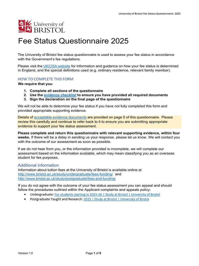 University of Bristol Fee Status Questionnaire 2025 Completed Form | PDF | Passport | Government ...